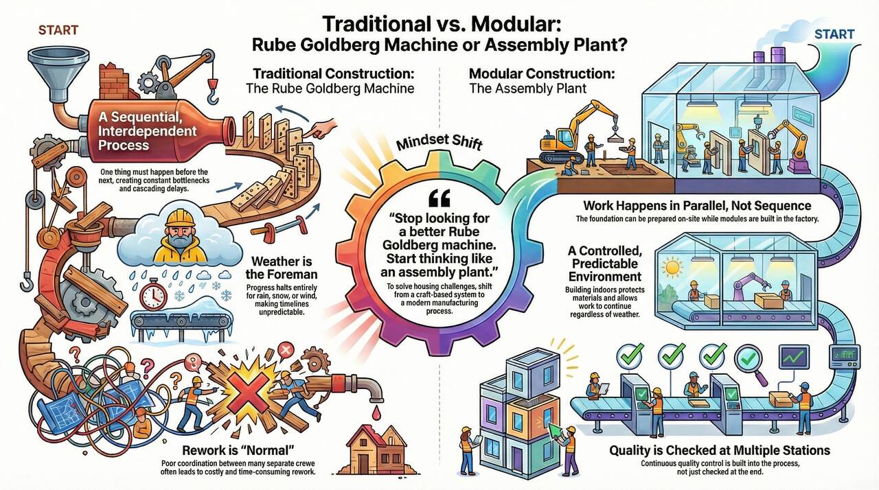 Rube Goldberg Machine vs Factory Production